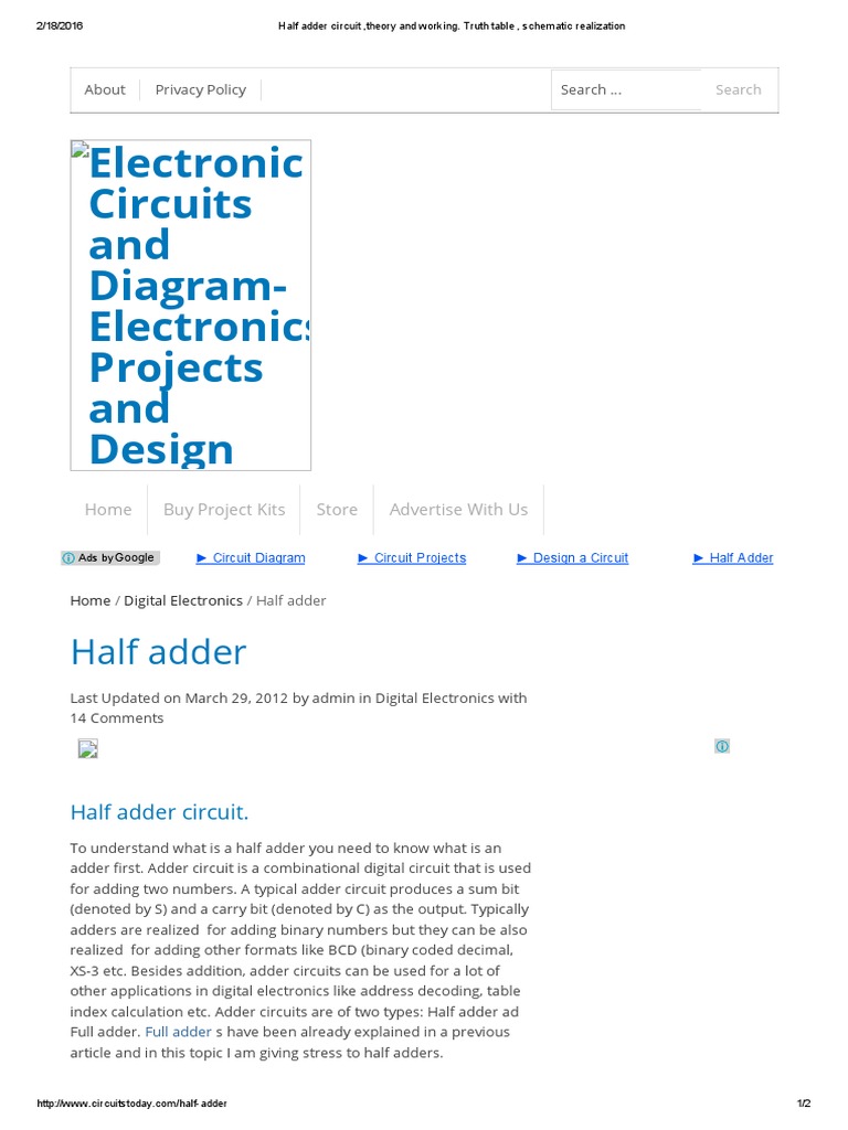 Half Adder Circuit Theory And Working Pdf Electronic Circuits