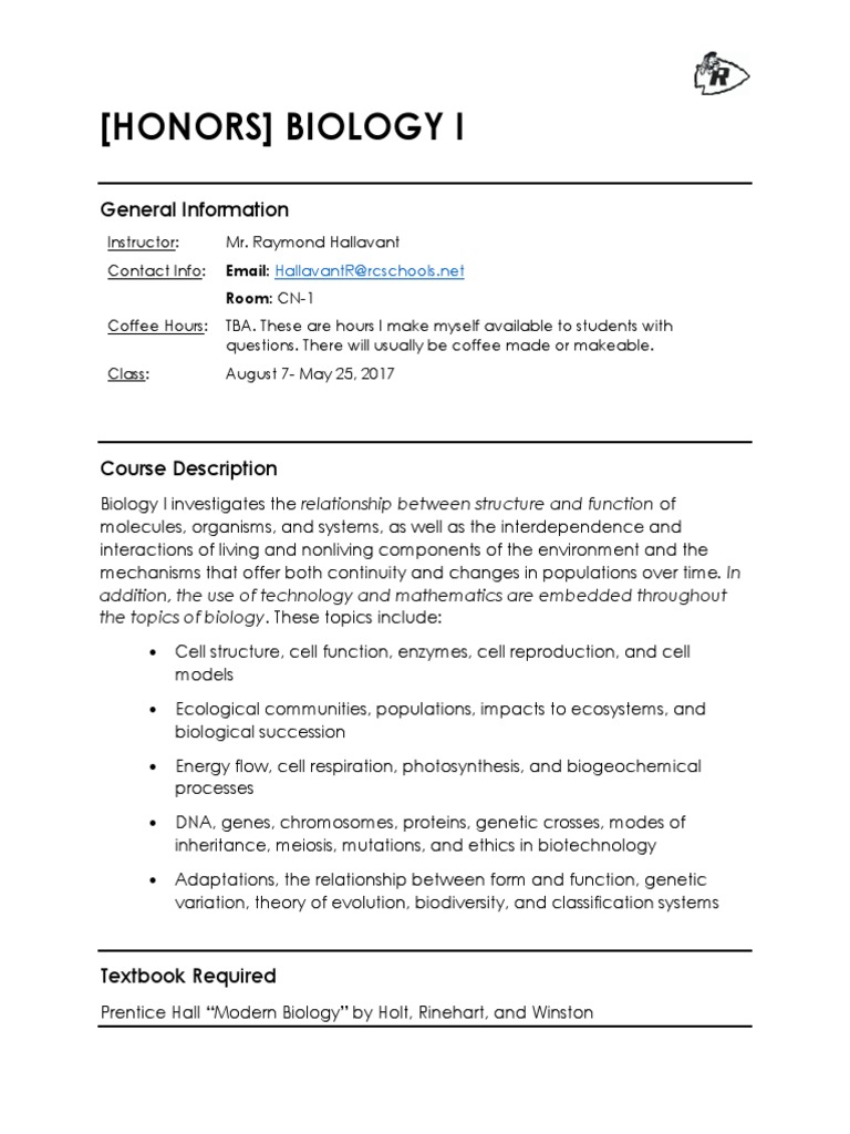 Biology I Honors Syllabus 2016 1 | PDF | Genetics | Biology