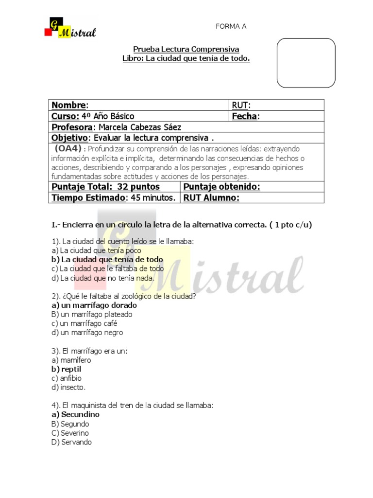 Prueba Lectura Comprensiva La Ciudad Que Tenia de Todo | PDF