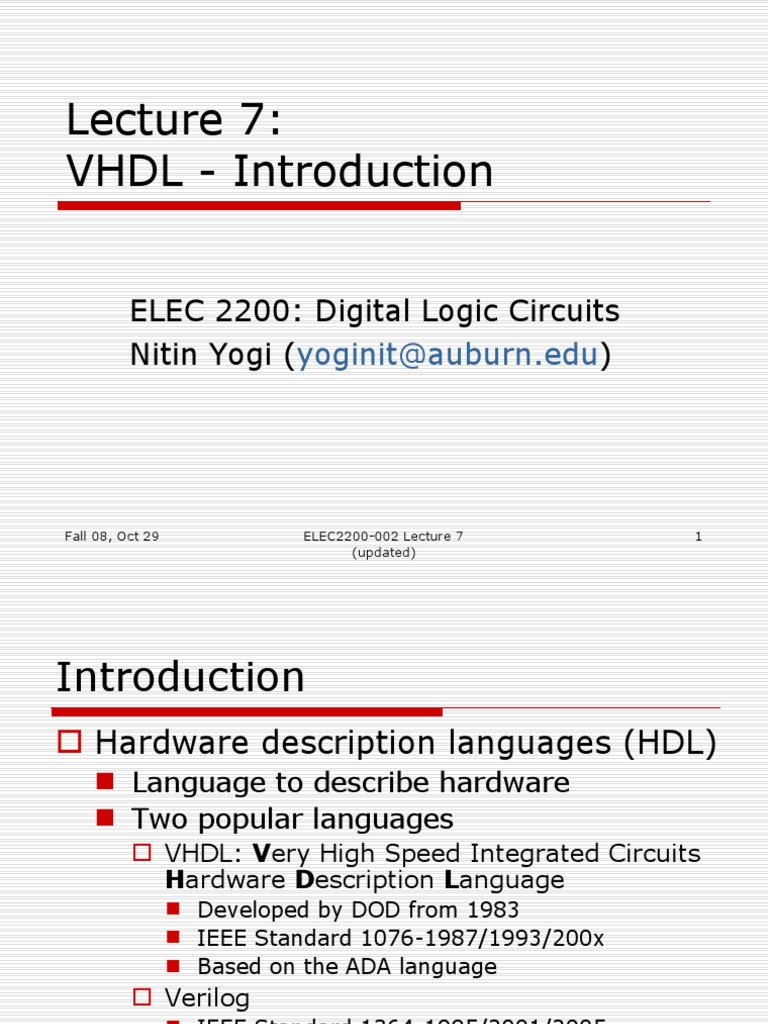 VHDL - Introduction: ELEC 2200: Digital Logic Circuits Nitin Yogi | PDF | Hardware Description ...