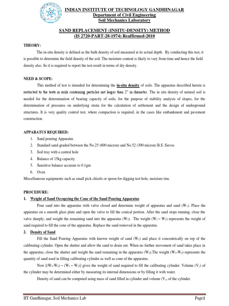 Sand Replacement Method Lab Report | PDF
