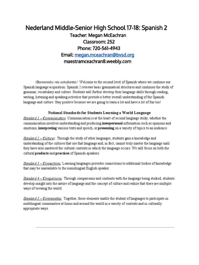 Spanish 2 Syllabus | PDF | Homework | Multilingualism