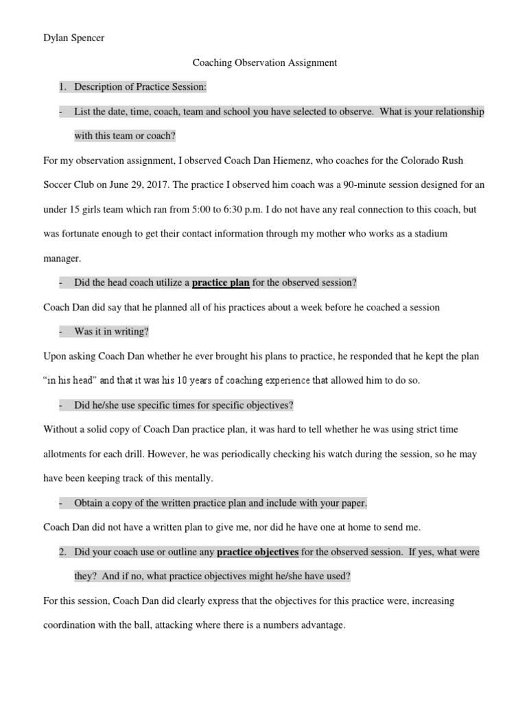 Coaching Observation Assignment | PDF | Sports | Leisure