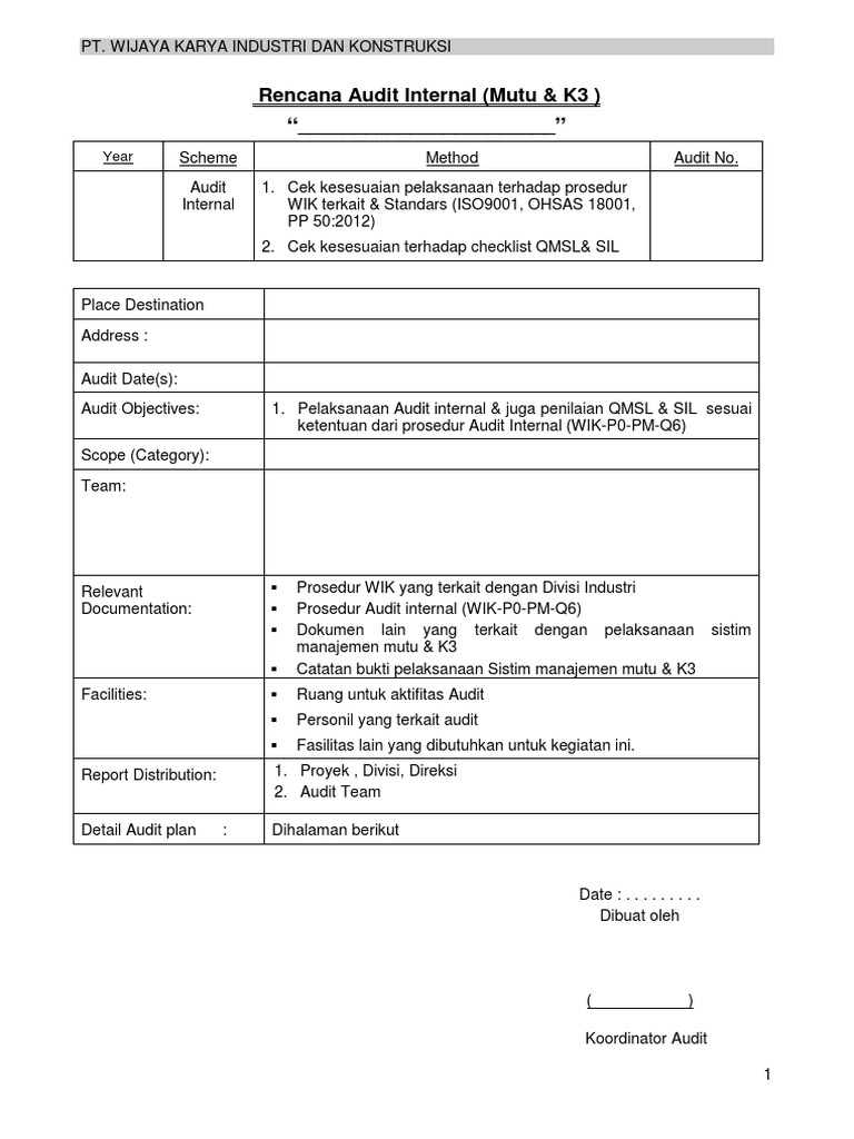 Rencana Audit Internal Mutu & K3 WIKA | PDF