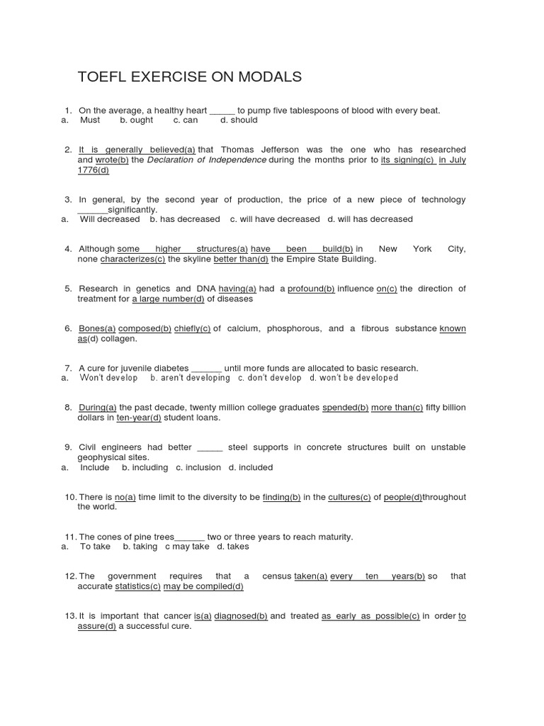 TOEFL Modals Practice Exercises | PDF | Verb | Language Mechanics