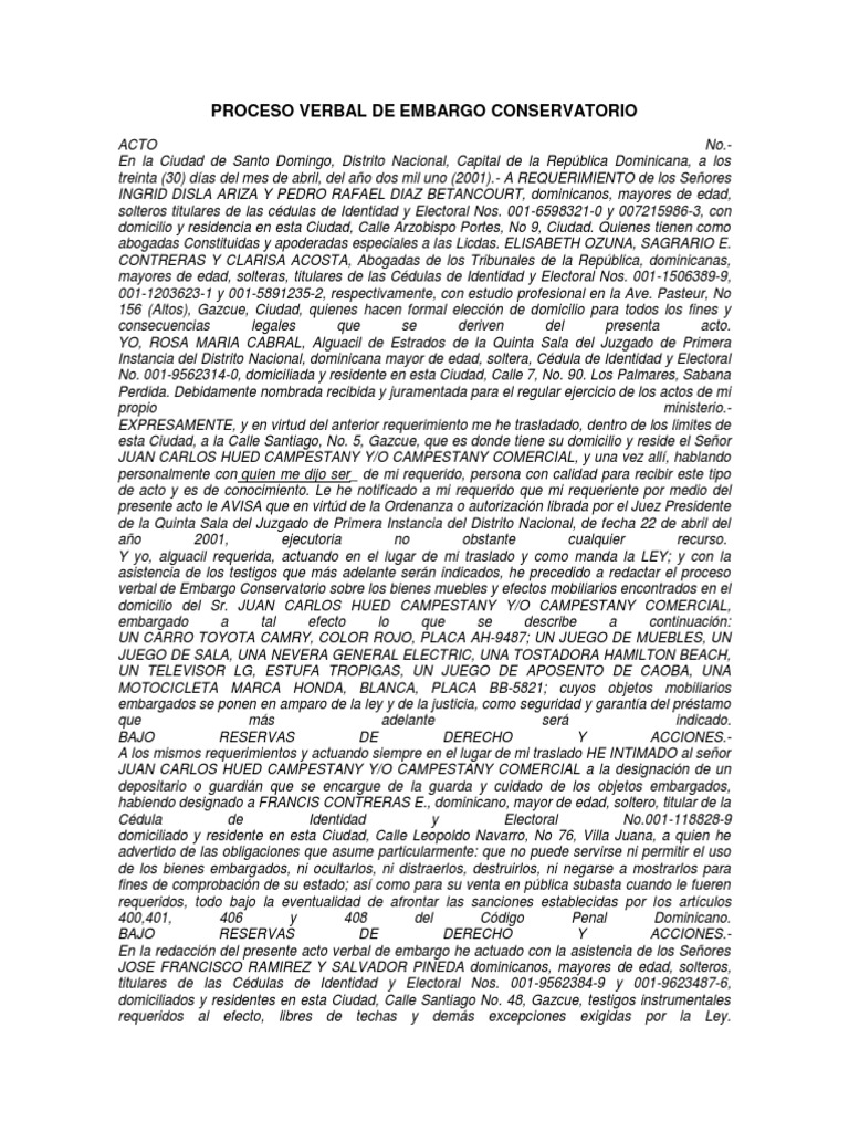 PROCESO VERBAL DE EMBARGO CONSERVATORIO modelo.docx | República ...