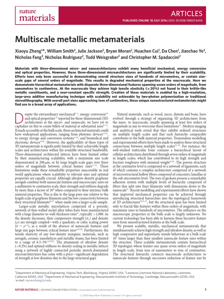 Multiscale Metallic Metamaterials - 10.1038@nmat4694 | PDF | Buckling ...