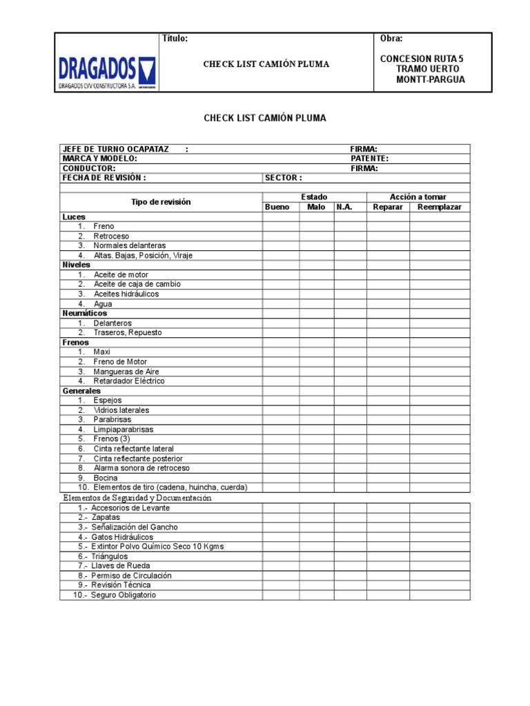 Check List Camion Grúa