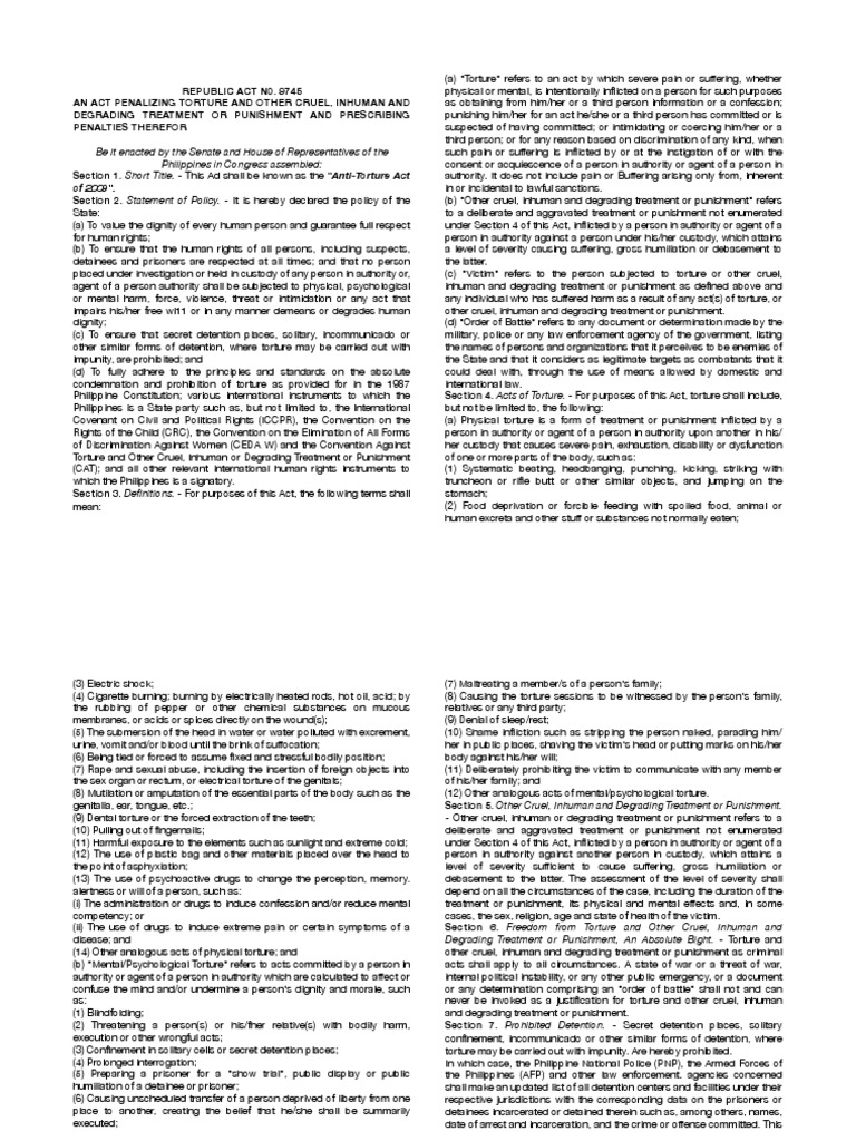 Republic Act No. 9745 - Anti-Torture Act 2009 | PDF | Torture ...