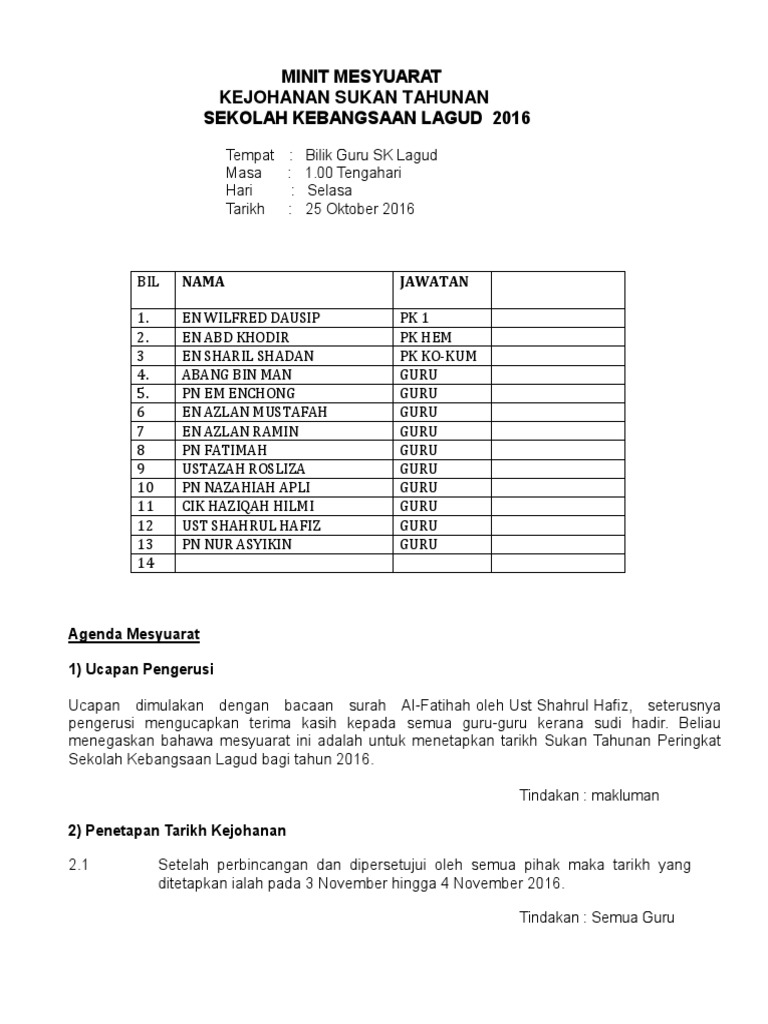 Minit Mesyuarat Kejohanan Sukan Tahunan Sekolah Kebangsaan Lagud 2016 | PDF