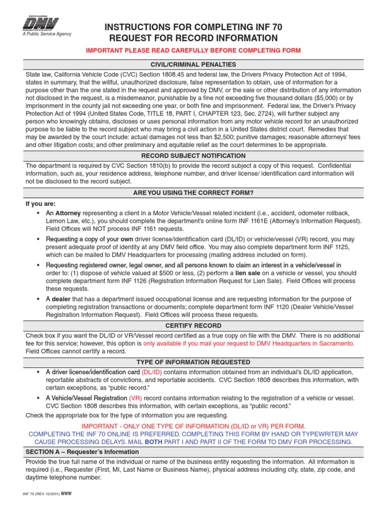 Instructions For Completing Inf 70 Request For Record Information | PDF