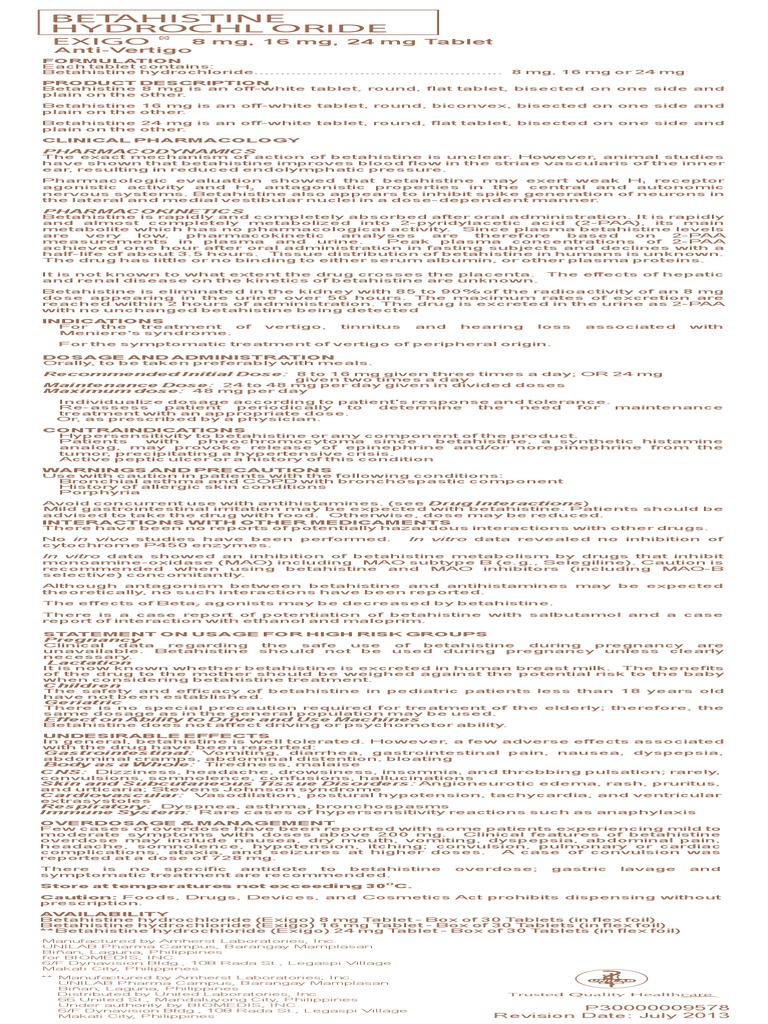 Exigo: 8 MG, 16 MG, 24 MG Tablet Anti-Vertigo | PDF | Dose ...
