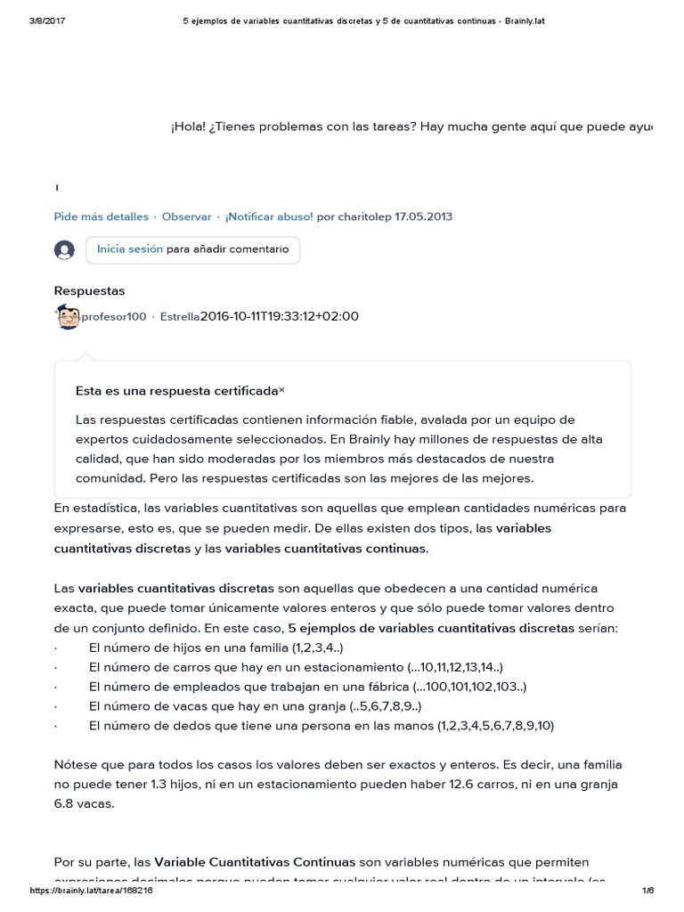 5 Ejemplos de Variables Cuantitativas Discretas y 5 de Cuantitativas Continuas - Brainly | PDF ...