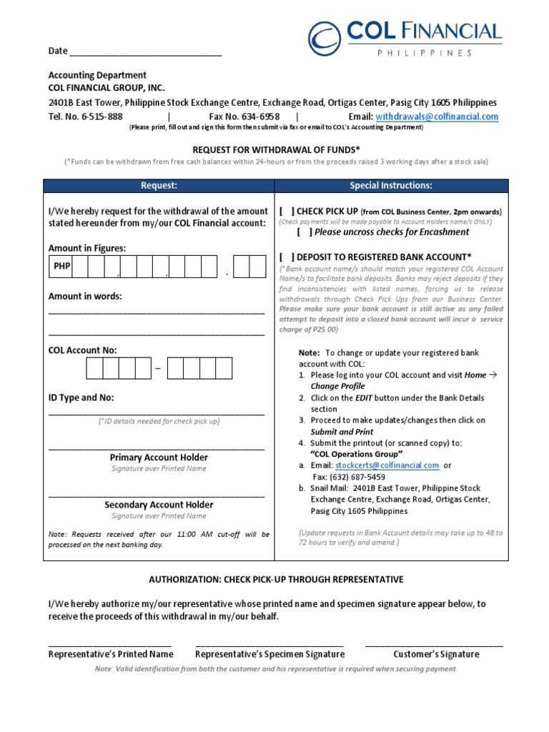 Request for Withdrawal Form from COL Financial Group Account | PDF ...