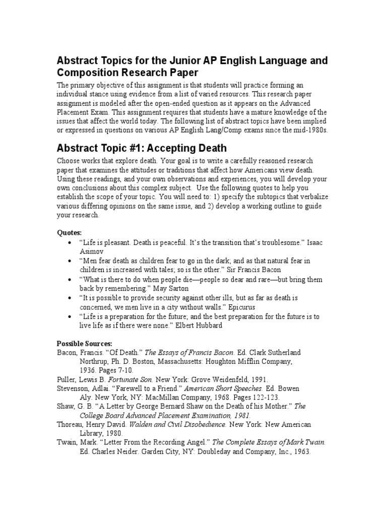 Abstract Topics for Junior AP English Research | PDF | Walden | Henry ...