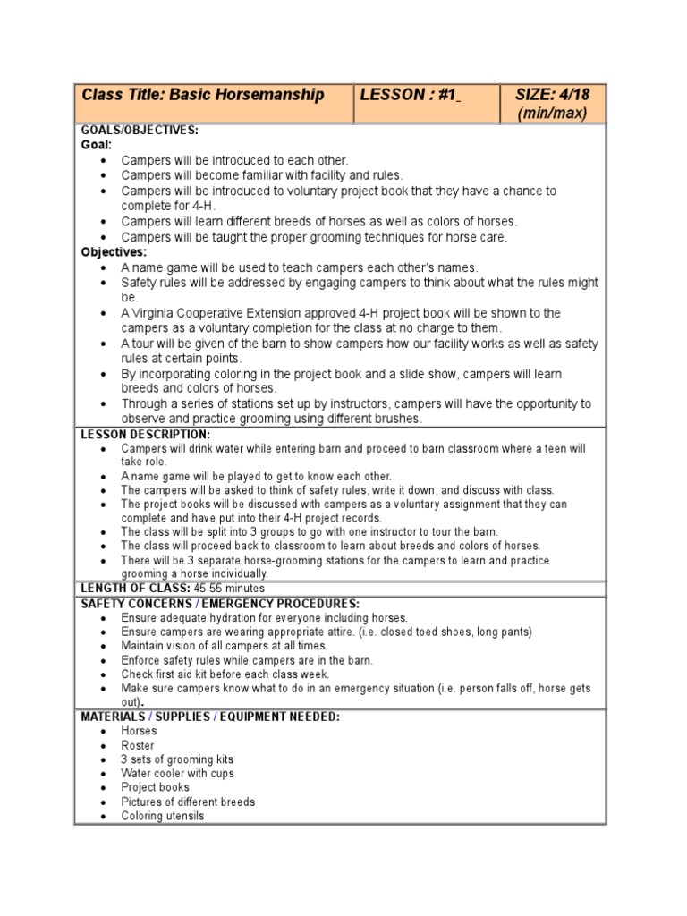Beginner Horsemanship Lesson Plans | PDF | Equestrianism | Horses