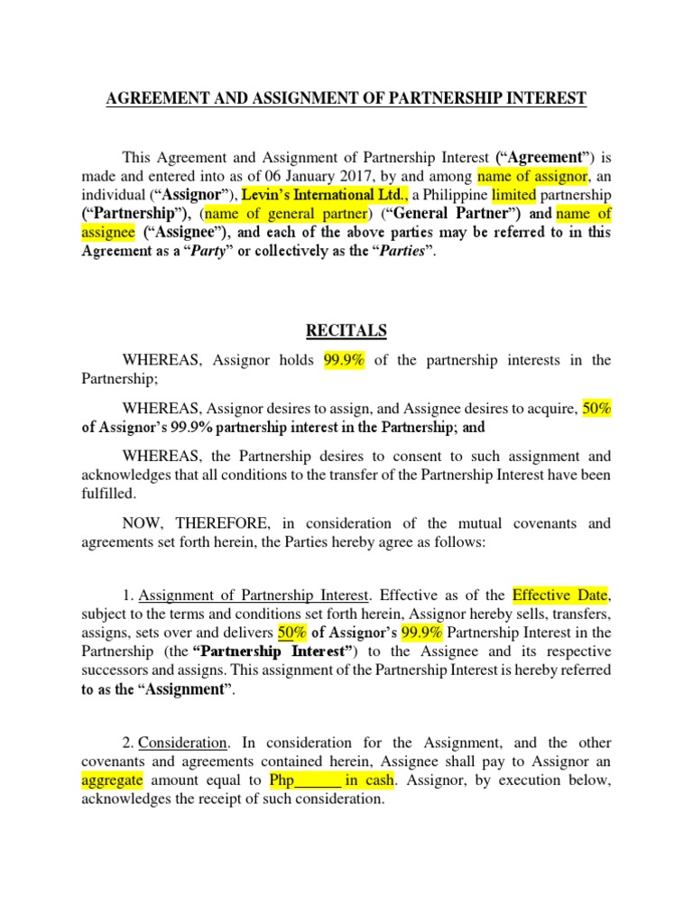 Agreement for the Partial Assignment of a Limited Partnership Interest ...