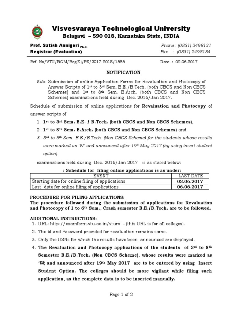VTU Notification for Revaluation and Photocopy Applications | PDF ...