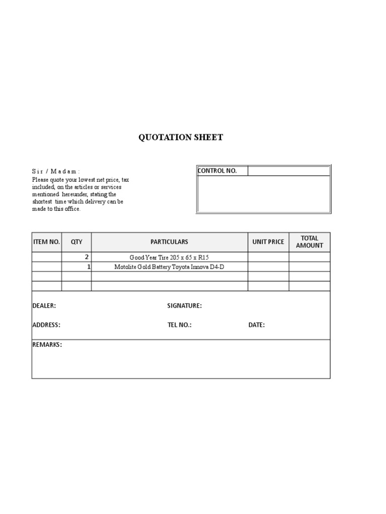 Quotation Sheet Format | PDF | Vehicle Technology | Business