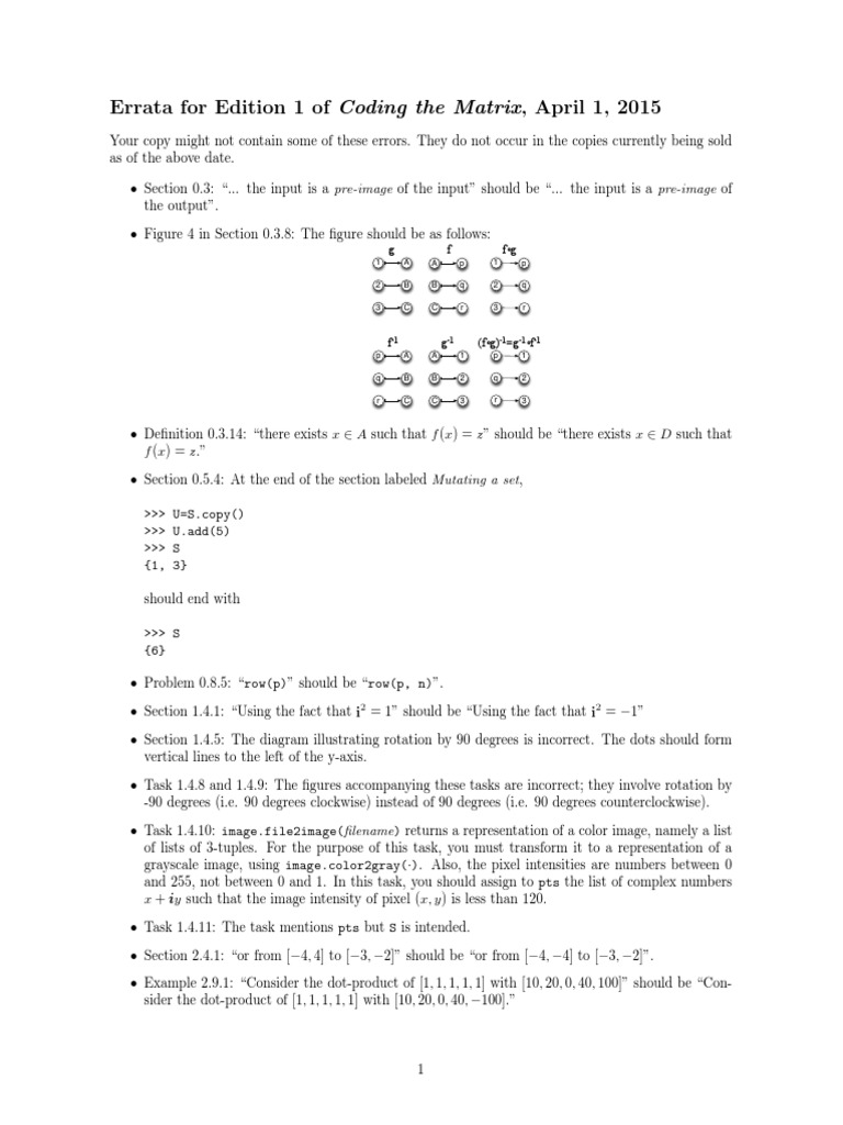 Errata For Edition 1 of Coding The Matrix PDF | PDF | Eigenvalues And Eigenvectors | System Of ...