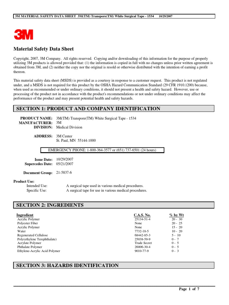 3M MATERIAL SAFETY DATA SHEET 3M (TM) Transpore (TM) White Surgical ...