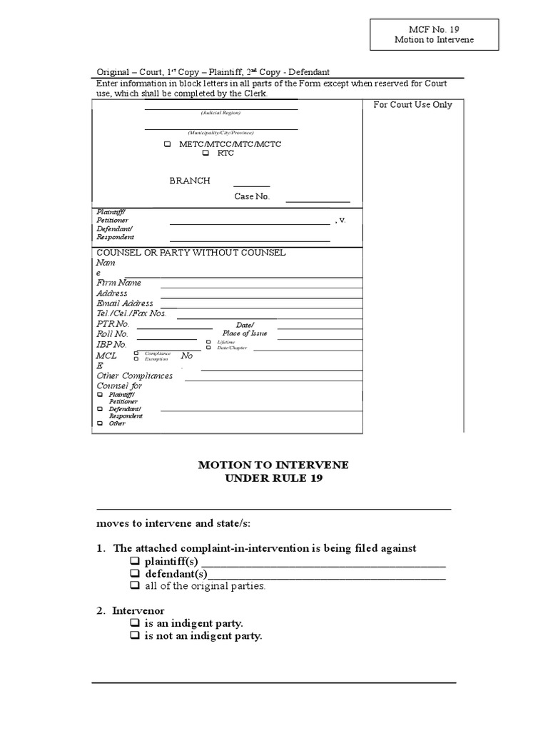 MCF 19 Motion To Intervene (Complaint in Intervention) | PDF ...