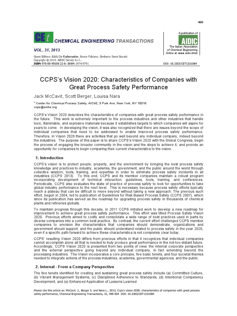 CCPS's Vision 2020: Characteristics of Companies With Great Process ...