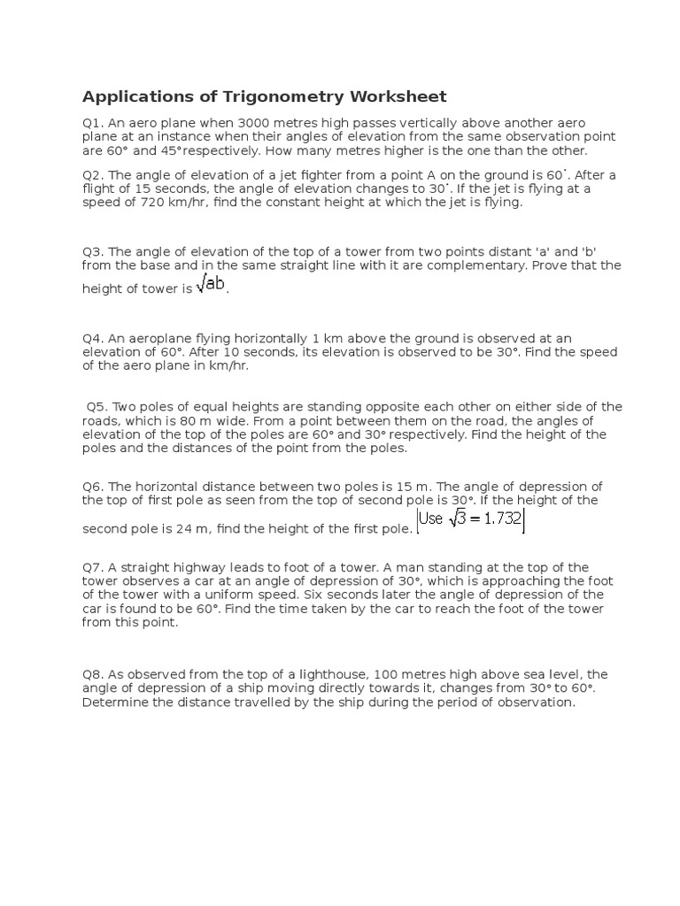 Applications of Trigonometry Worksheet | PDF | Nature | Teaching ...
