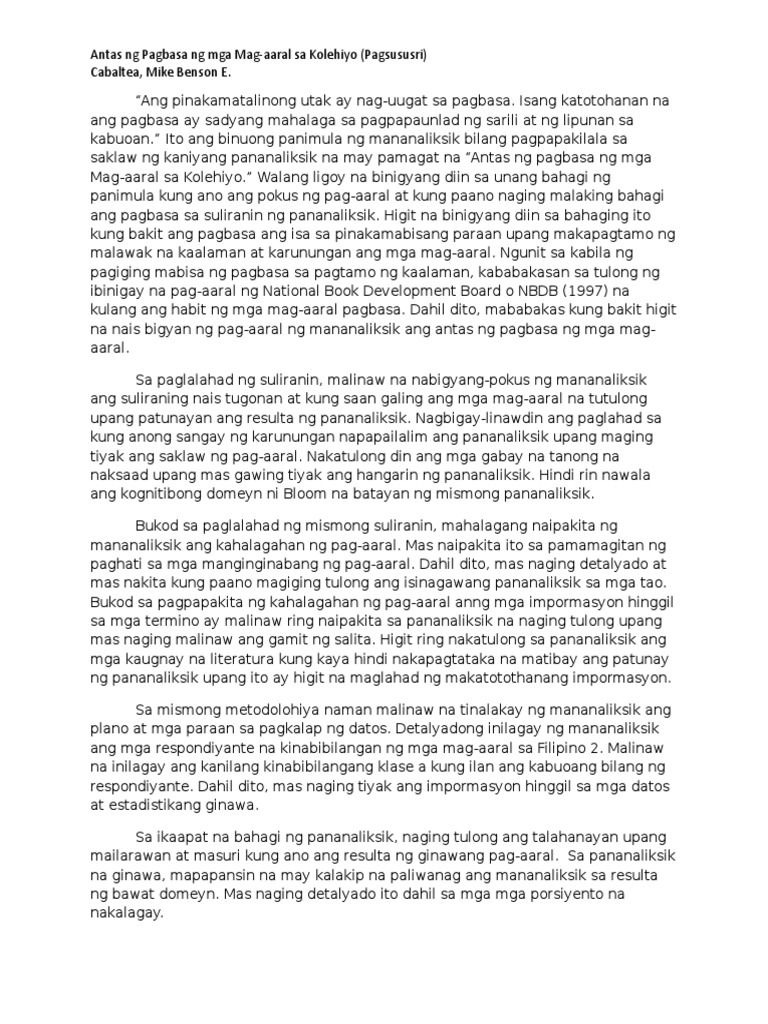 Antas NG Pagbasa NG Mga Mag-Aaral Sa Kolehiyo (Pagsusuri) | PDF