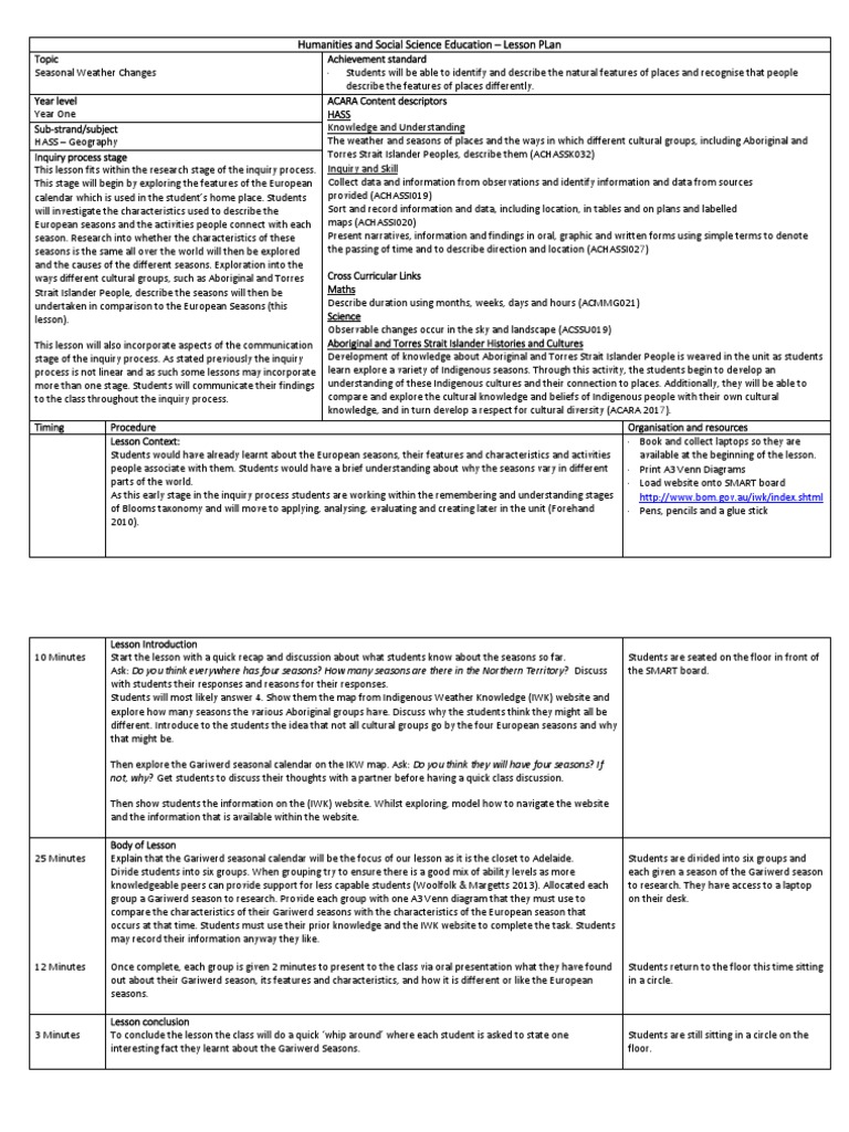 Year One Lesson Plan: Seasonal Weather | PDF | Indigenous Australians ...