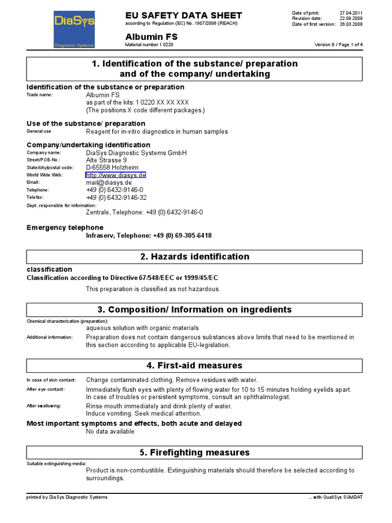 Eu Safety Data Sheet Albumin FS: Identification of The Substance or Preparation | PDF ...