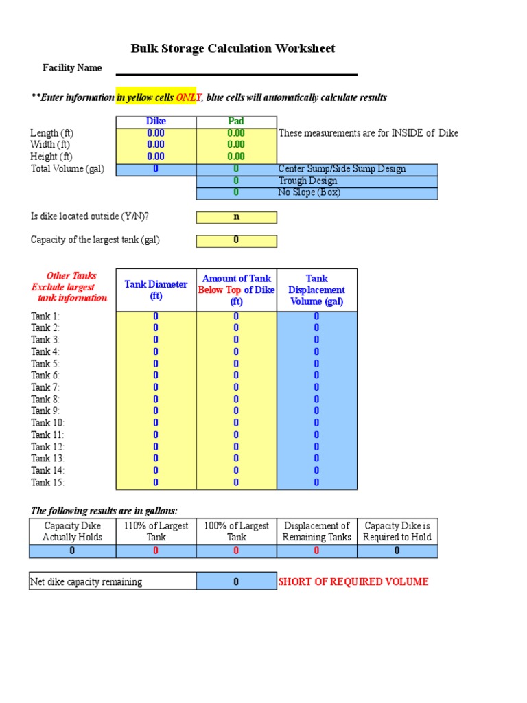 Bulk Storage Calculation Worksheet: Dike 0.00 0.00 0.00 0 | PDF ...