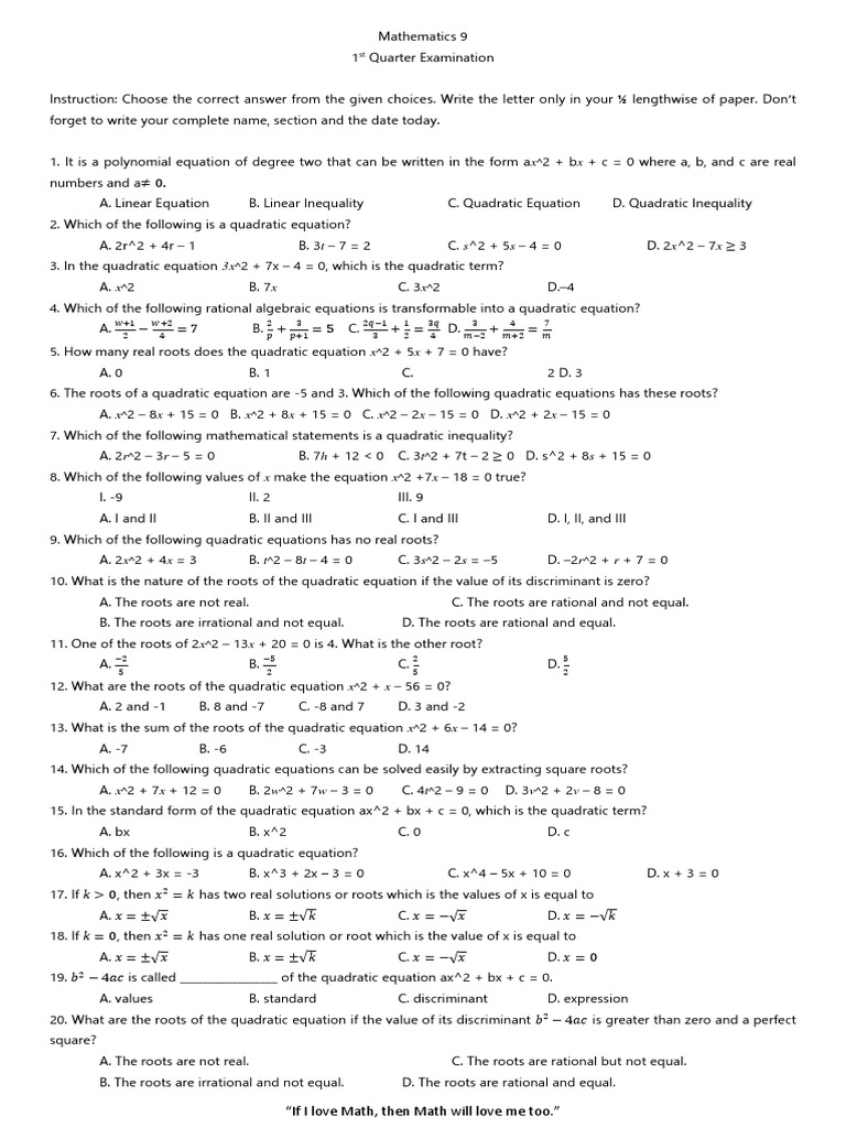 Math 9 Exam 1st Quarter 2016-2017 | PDF | Quadratic Equation | Equations
