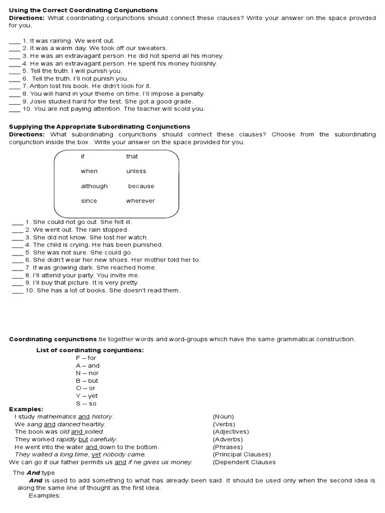 Conjunctions Quiz | PDF | Sentence (Linguistics) | Language Mechanics