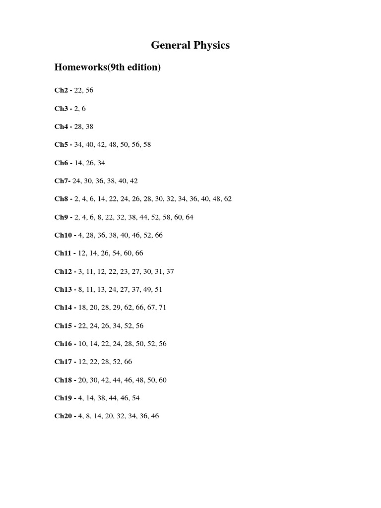 Physics Homework Assignments List | PDF