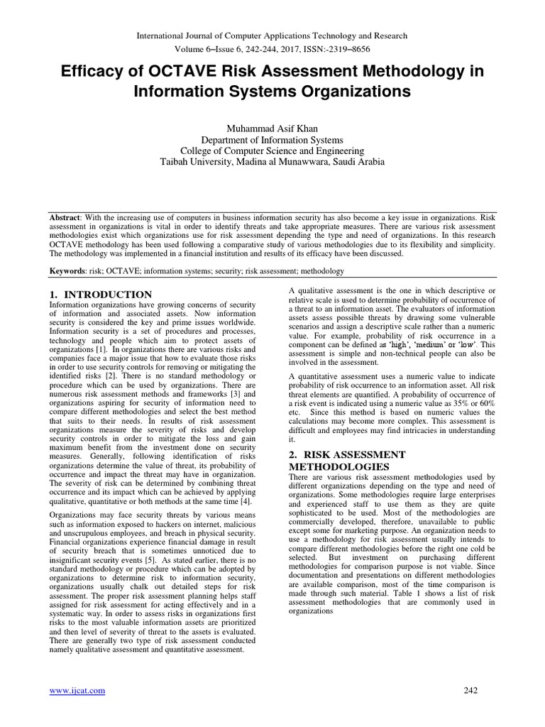 Efficacy of OCTAVE Risk Assessment Methodology in Information Systems ...