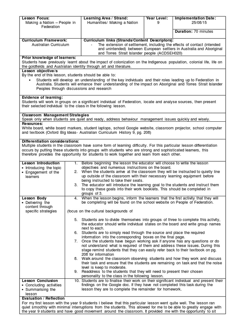 Standard 1 4 Lesson Plan PDF Indigenous Australians Curriculum