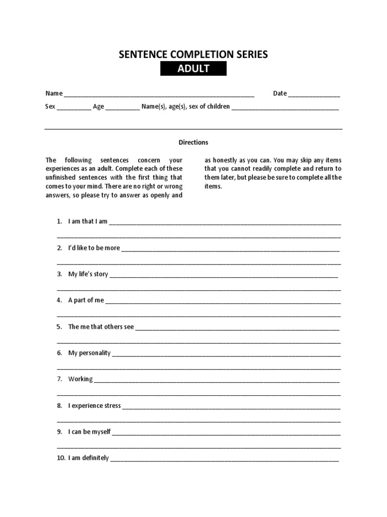 Sentence Completion Series - Adult | PDF | Sexual Emotions | Human ...