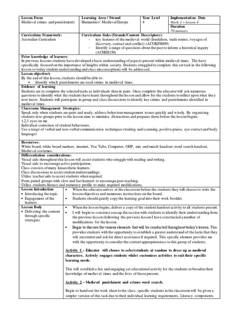 Lesson Plan - Medieval Crimes and Punishments | Download Free PDF ...