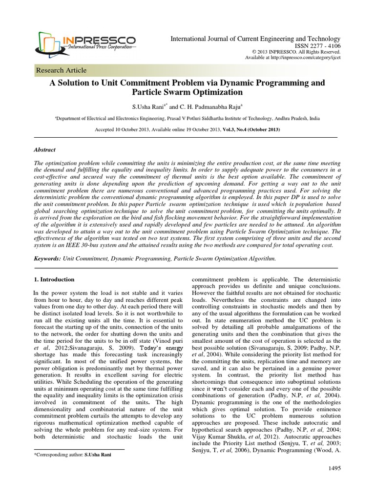 A Solution To Unit Commitment Problem Via Dynamic Programming and Particle Swarm Optimization ...
