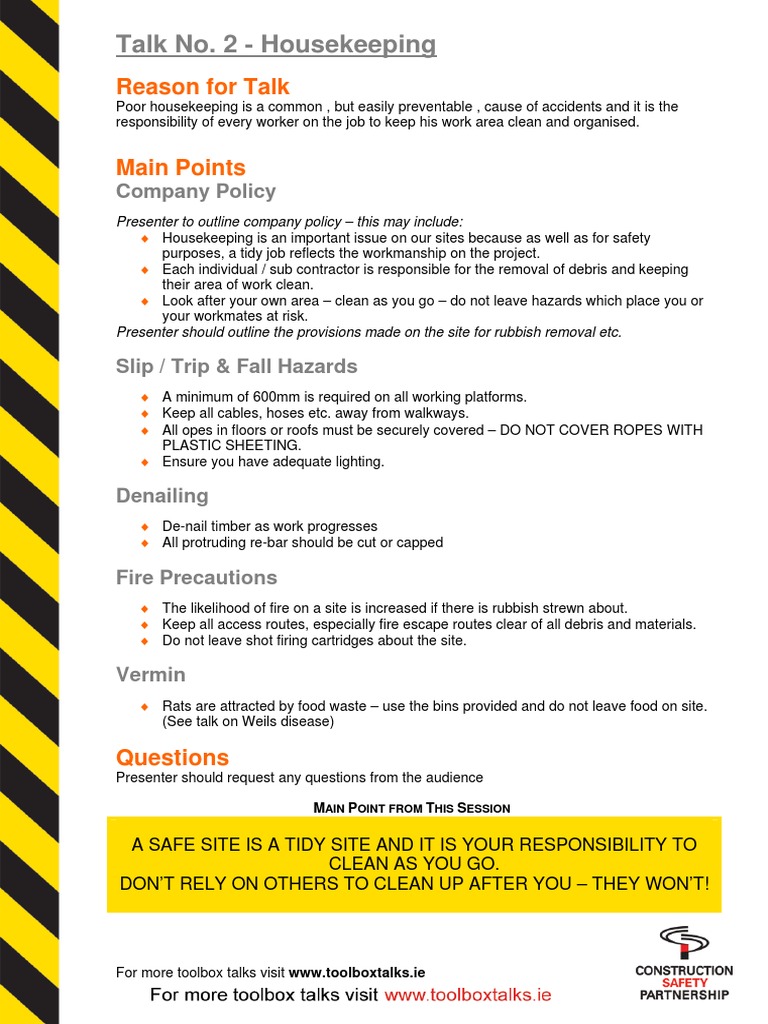 Housekeeping Safety Toolbox Talk | PDF | Business | Technology ...