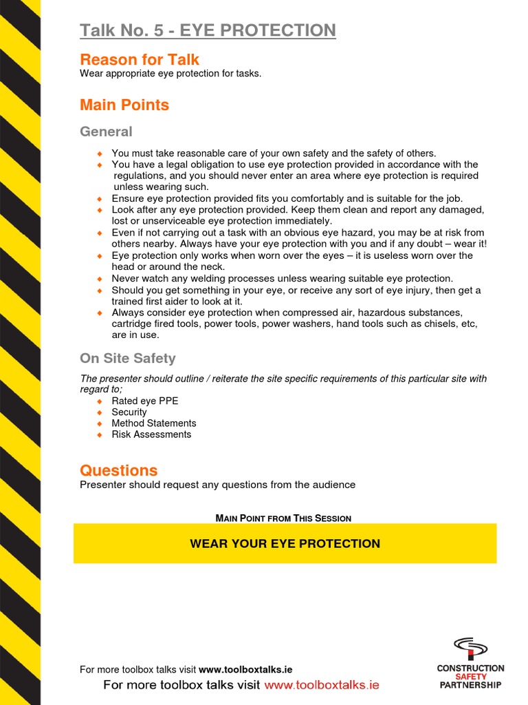 Toolbox Talk 5 Eye Protection | PDF