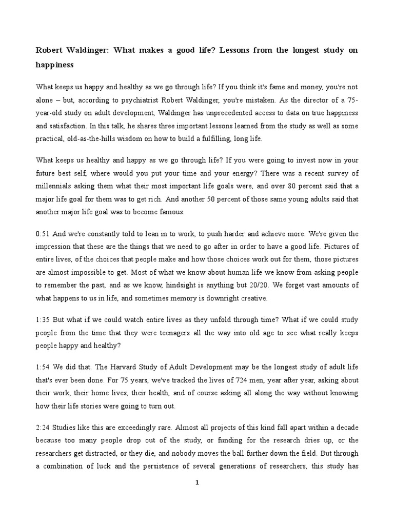 Traducere - Ted Talk - Robert Waldinger | PDF | Loneliness | Happiness