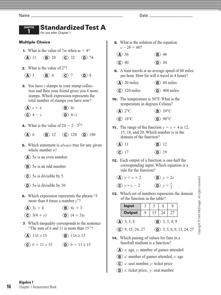 Holt Algebra 1 - Chapter 01 - Standardized Test | PDF | Function ...