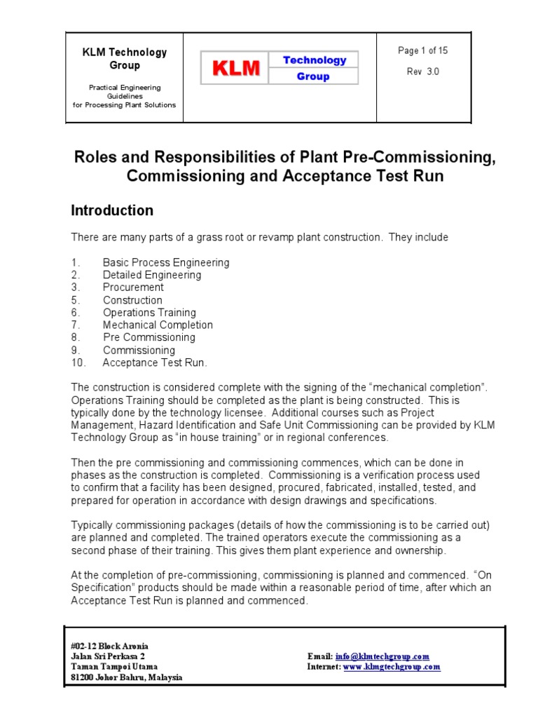 Roles and Responsibilities of Plant Commissioning Rev 3 | PDF ...