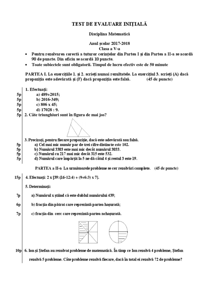 Test de Evaluare Intial Clasa A-5-A Matematica | PDF