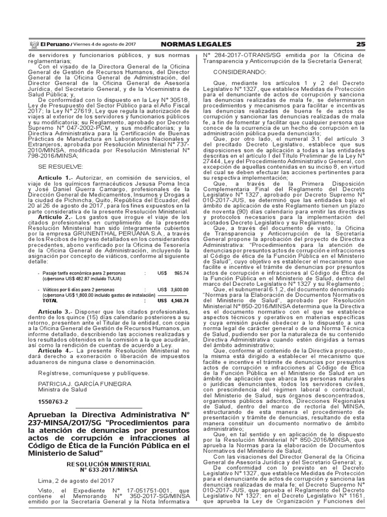 Aprueban la Directiva Administrativa N° 237-MINSA/2017/SG ... Aprueban la Directiva Administrativa N° 237-MINSA/2017/SG ...
