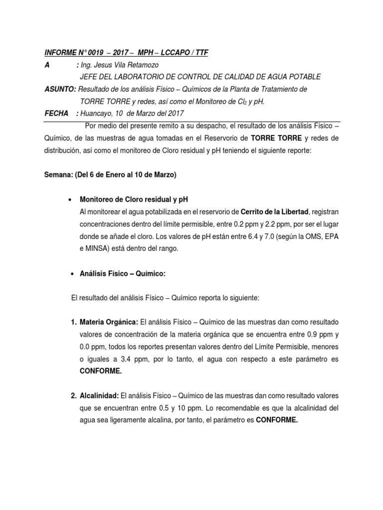 Informe Torre Torre Nº0019 | PDF | Ph | Agua