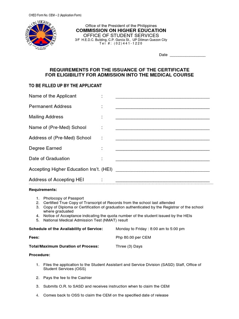 CHED Form No CEM 2 PDF | PDF | Academia | Educational Stages