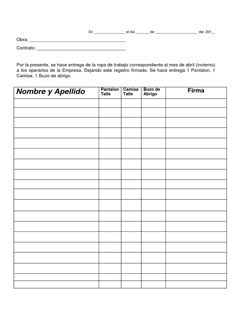 Listado General de Ropa de Trabajo Ejemplo | PDF